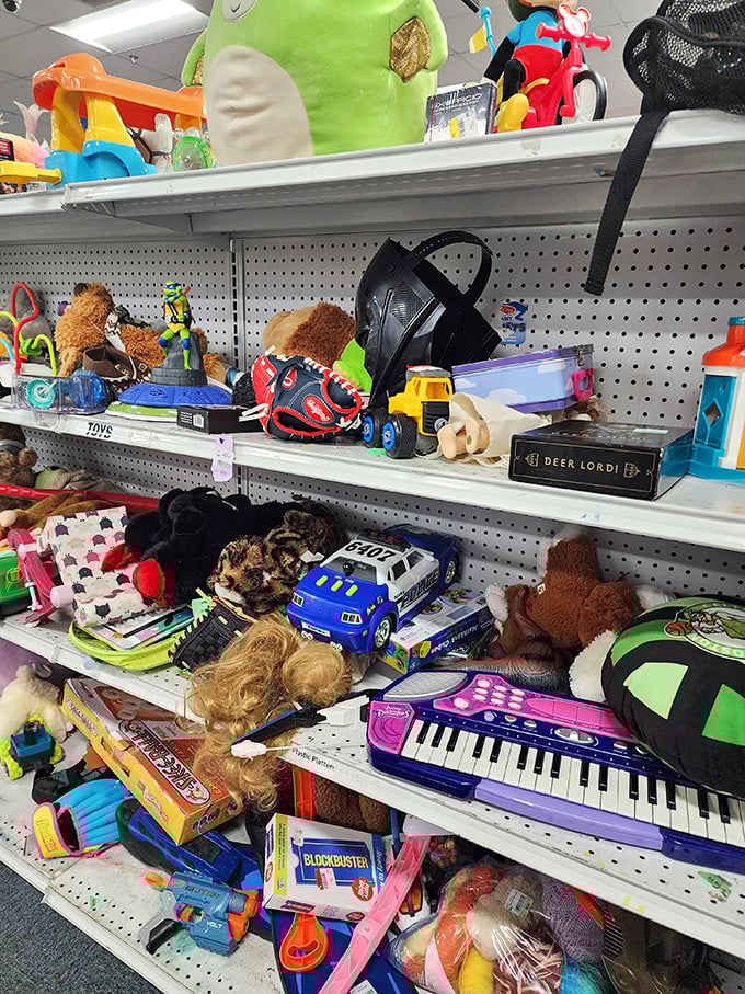 Toy shelves bursting with second chances. That keyboard might spark a musical career; that stuffed bear, a lifetime of companionship.