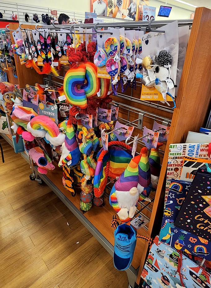 Rainbow explosion in the toy section &ndash; childhood nostalgia meets modern treasures in technicolor glory.