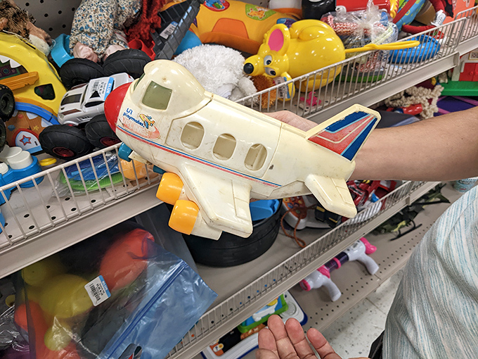 One shopper's childhood castoff becomes another child's treasure in the toy section, where imagination doesn't require a premium price tag.
