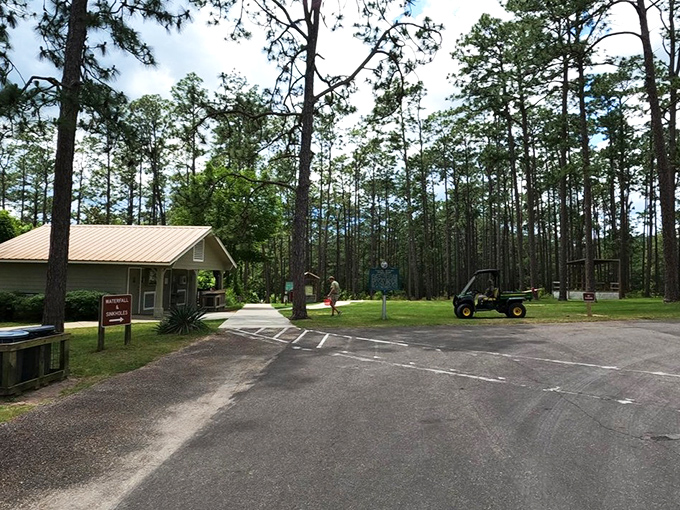 The park entrance welcomes visitors with that quintessential state park charm—the gateway to adventures that don't require charging stations.