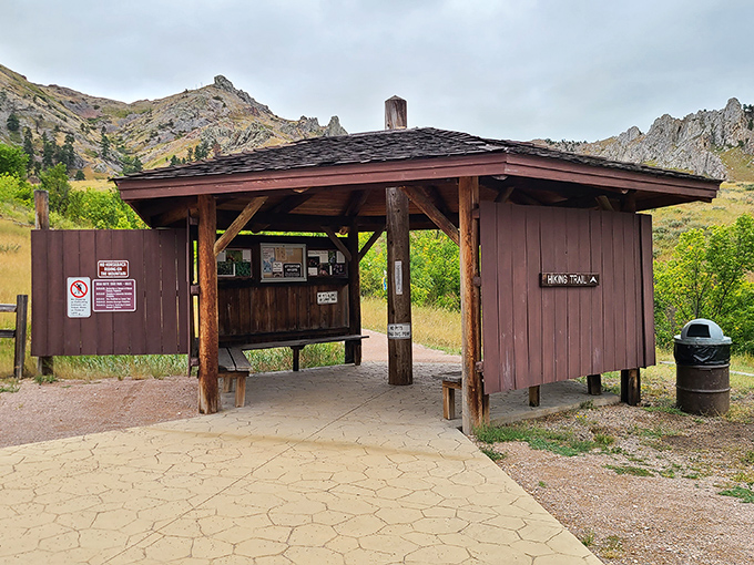 The trailhead kiosk&mdash;where adventures begin, hiking plans are formed, and the wise read warnings before tackling the summit trail.
