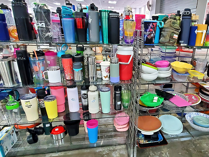 Hydration station extraordinaire! These shelves of water bottles and tumblers prove one person's decluttering is another's sustainable shopping spree.