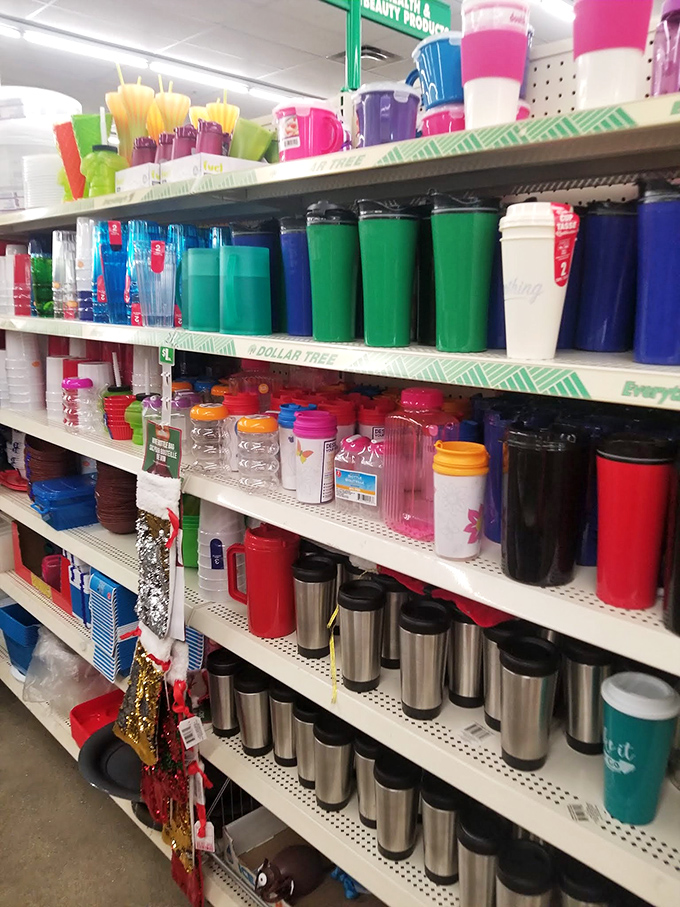 A rainbow of tumblers and travel mugs stands at attention. Morning coffee tastes just as good whether sipped from fine china or these colorful vessels.
