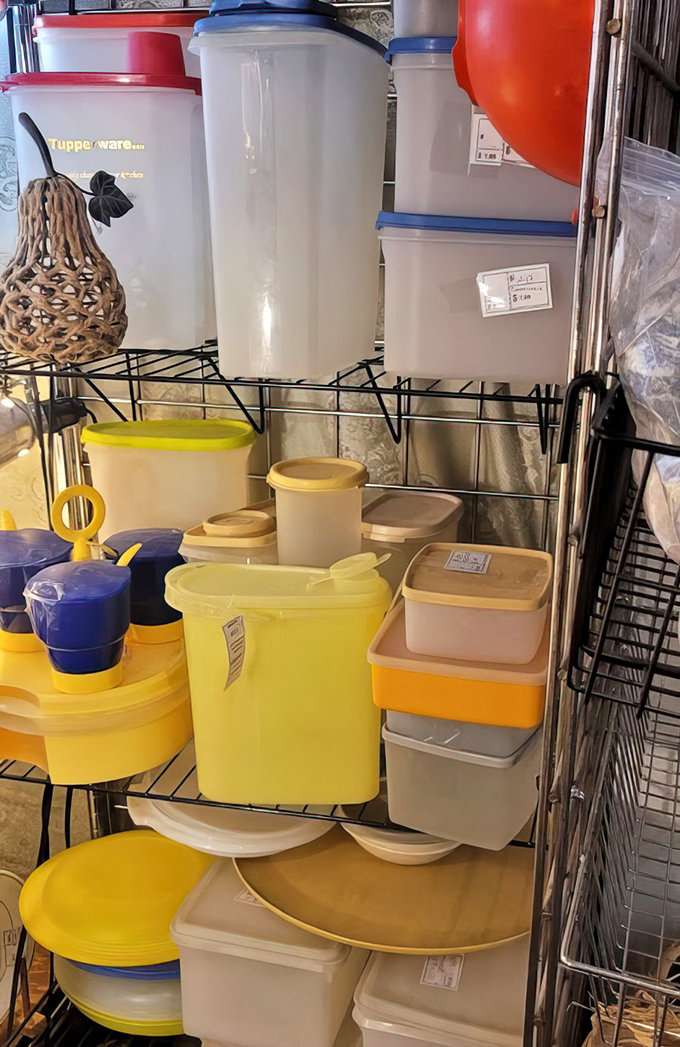 Vintage Tupperware in harvest gold and avocado green. These containers survived the 1970s and countless potlucks with their lids still perfectly intact.