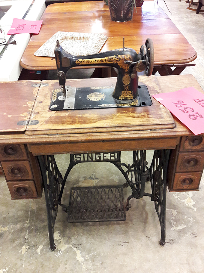 A vintage Singer sewing machine that's seen more fashion trends than Tim Gunn. This beauty combines form, function, and a dash of nostalgia.