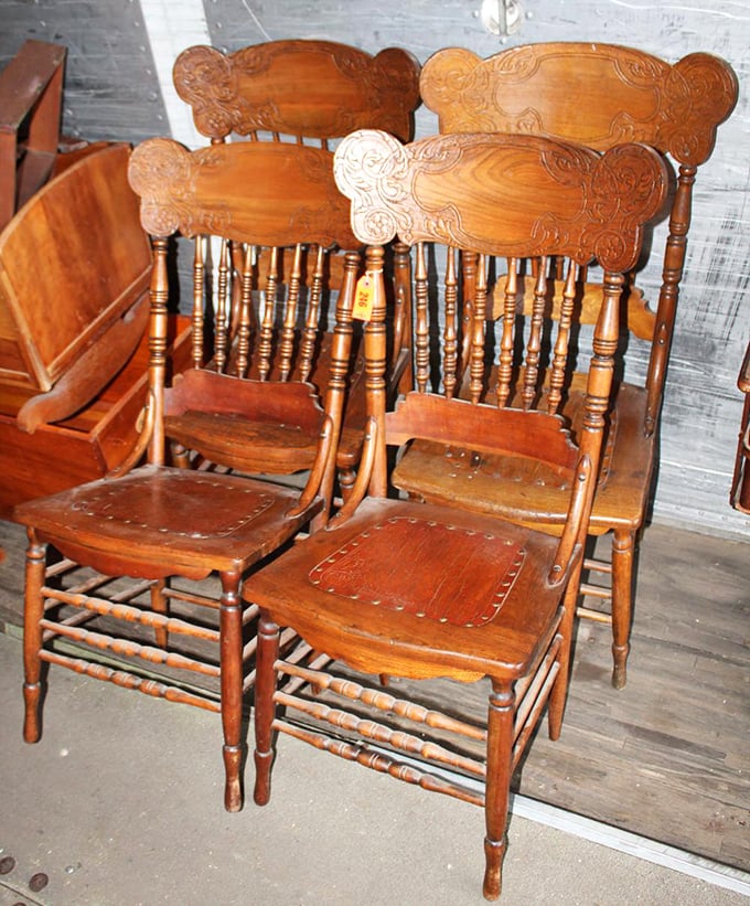 Press-back chairs that witnessed family dinners long before smartphones interrupted conversations. Solid craftsmanship that's outlasted empires.