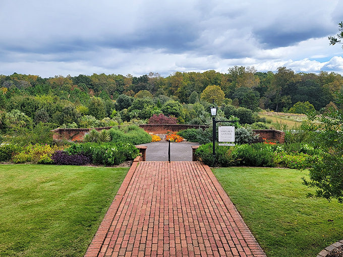 Brick pathways lead to horticultural discoveries—this courtyard serves as both invitation and promise of wonders beyond.