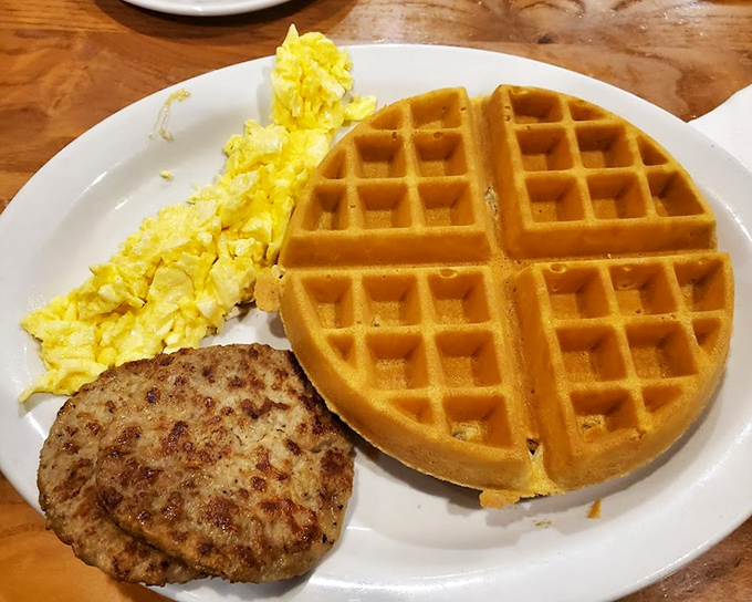 Belgian waffles and eggs &ndash; because sometimes breakfast needs to feel like a celebration, even on Tuesday.