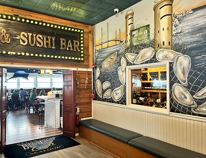 The sushi bar entrance promises another dimension of seafood pleasure, with a mural that celebrates Delaware's coastal bounty.