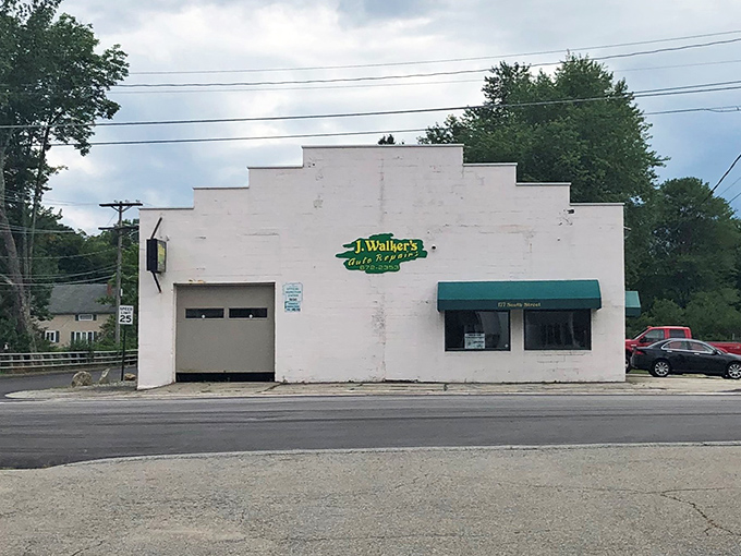 Walker's Auto Repairs' no-nonsense white building proves that in Milford, even the practical places maintain a certain small-town dignity. 