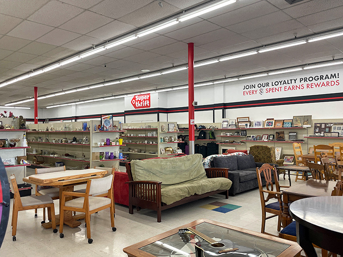 Dining sets and furniture fill the space like a home goods store had a very generous yard sale.