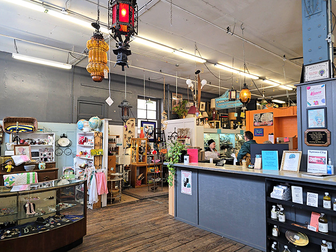 The checkout counter itself is a cabinet of curiosities. Even the hanging lights look like they've illuminated a century of shoppers. 