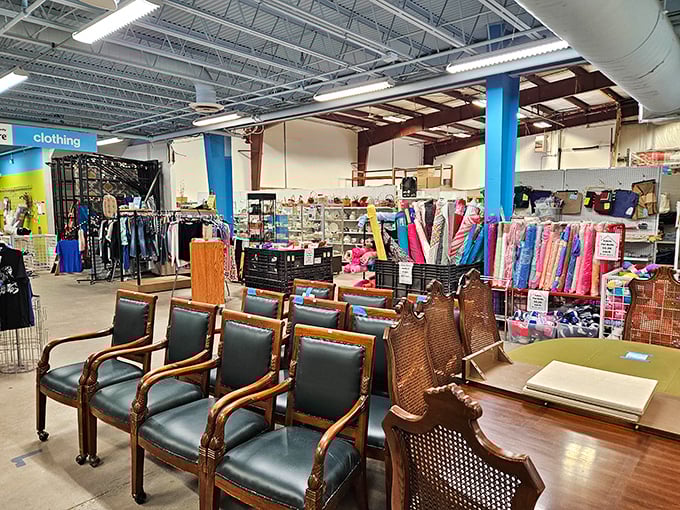 A showroom of possibility where office chairs meet dining tables in the great democracy of secondhand shopping.