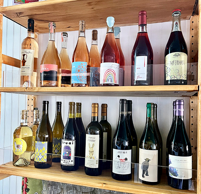 Their natural wine selection showcases bottles with labels as artistic as their contents – a rainbow of options from crisp whites to complex reds.