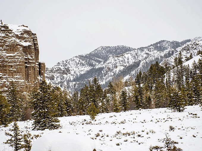 Winter transforms the mountains around Shoshoni into a snow-dusted wonderland where nature hits the pause button on Wyoming's rugged landscape.