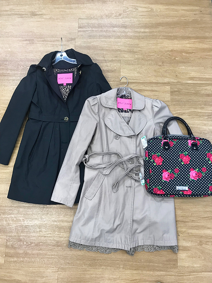 Weather-ready fashion finds with designer touches. These trench coats and floral bag demonstrate why thrifting is the secret weapon of the stylishly budget-conscious.