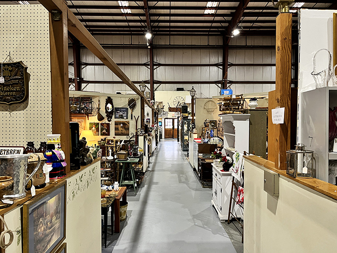 Aisles stretching into the distance like a time traveler's supermarket. Each booth is its own chapter in America's material history. 