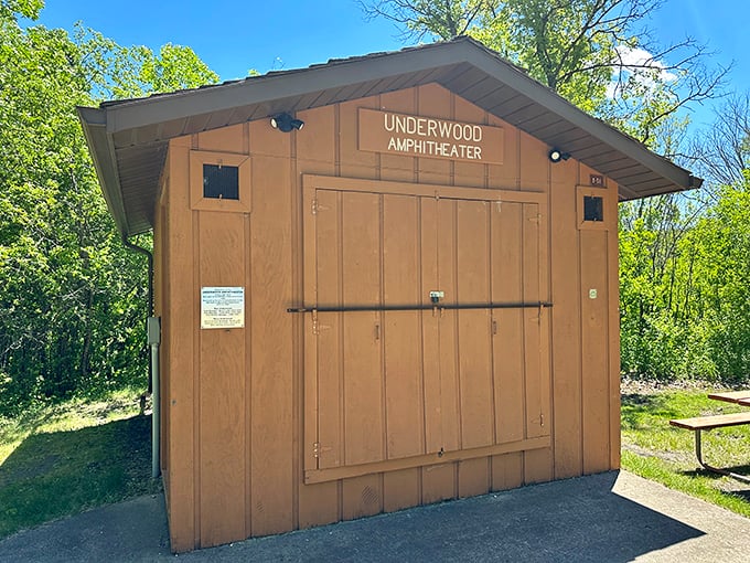 The Underwood Amphitheater awaits its next performance, a humble stage where nature provides the most spectacular backdrop.