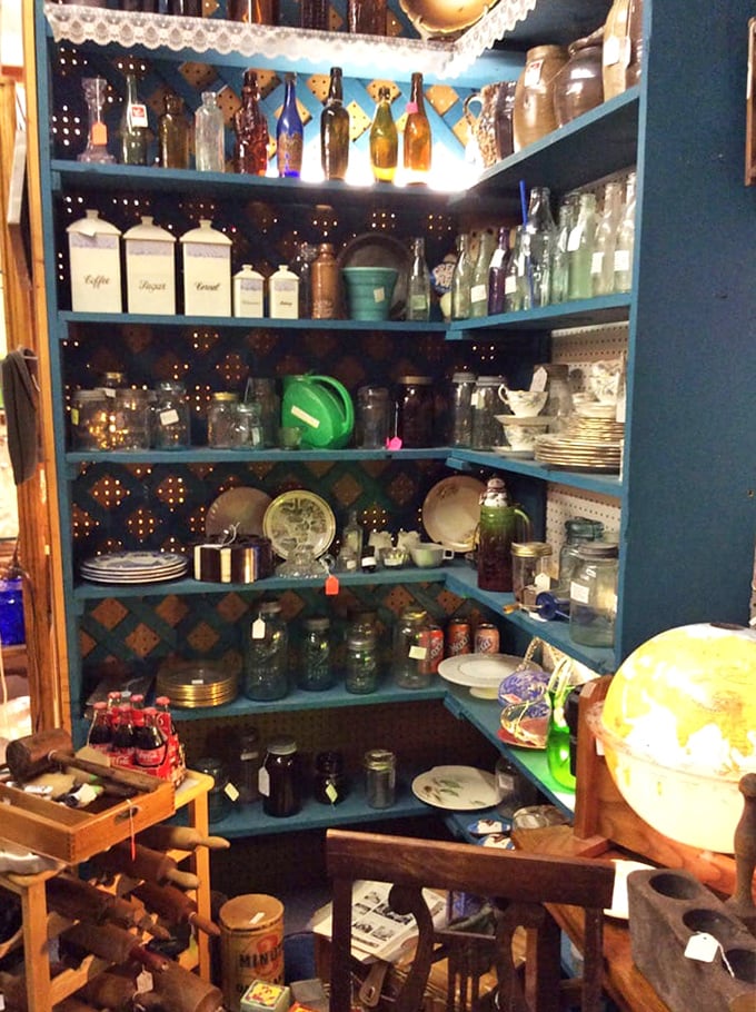 A blue corner of kitchen history. Those vintage canisters and jars once held the ingredients for family recipes passed down through generations.