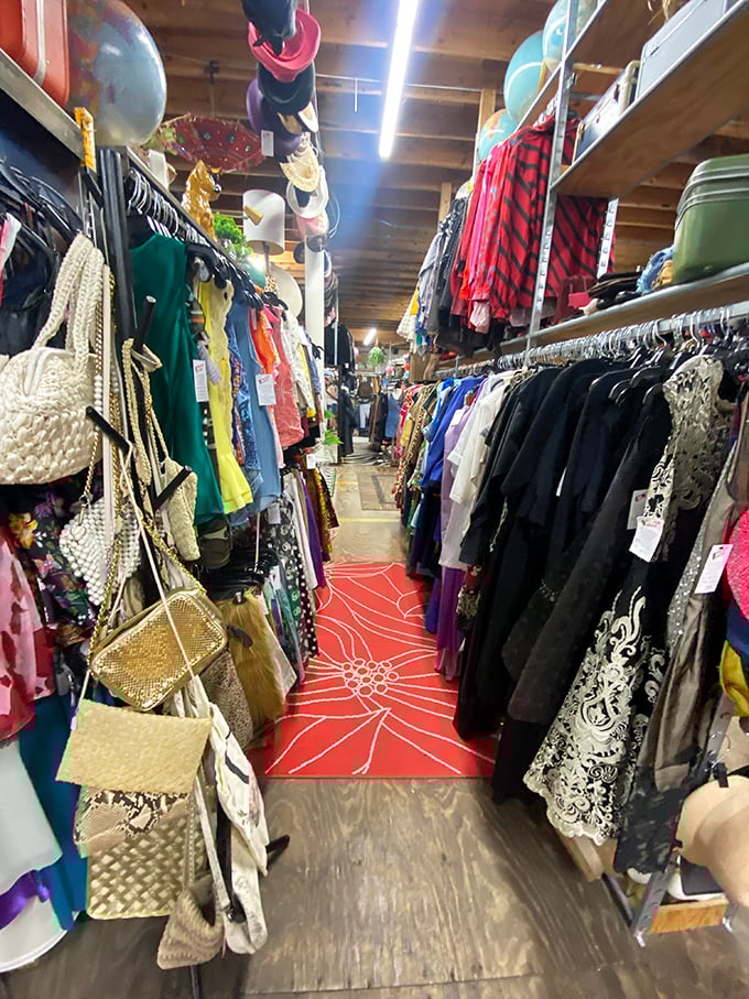 The clothing aisle where fashion cycles prove everything old becomes new again. That red carpet runner adds just the right touch of vintage boutique glamour.