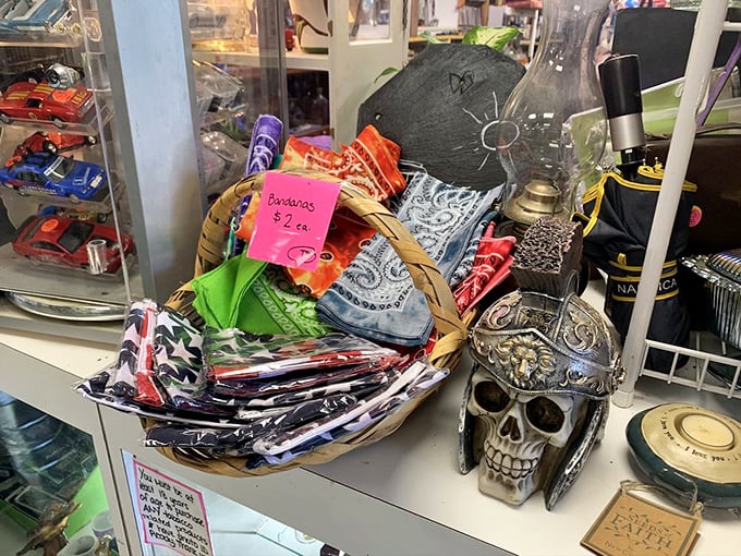 Bandanas at $2 each&mdash;practical fashion that never goes out of style. The skull figurine nearby seems to approve of your excellent taste.