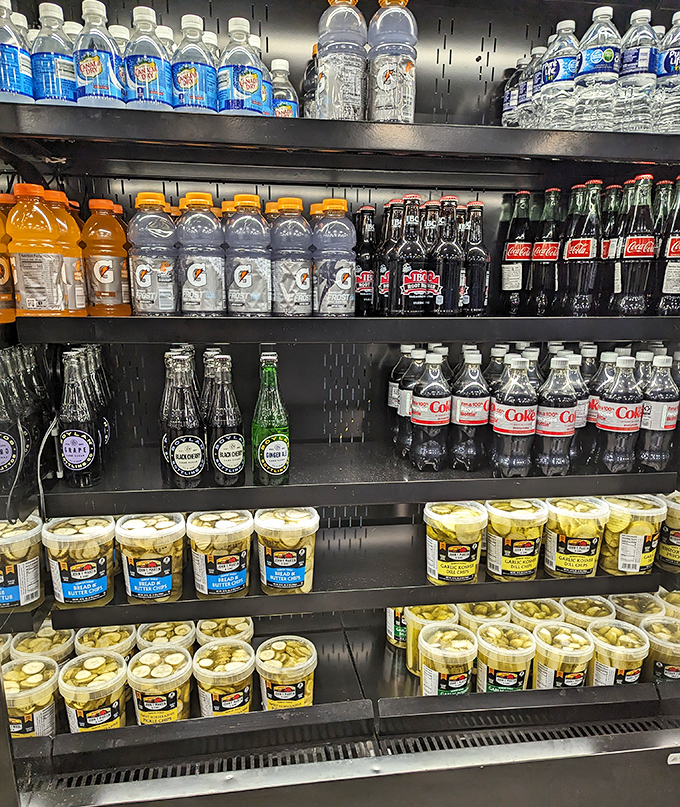 Even the beverage cooler feels curated, with those jars of pickles standing ready for the perfect Bloody Mary garnish.