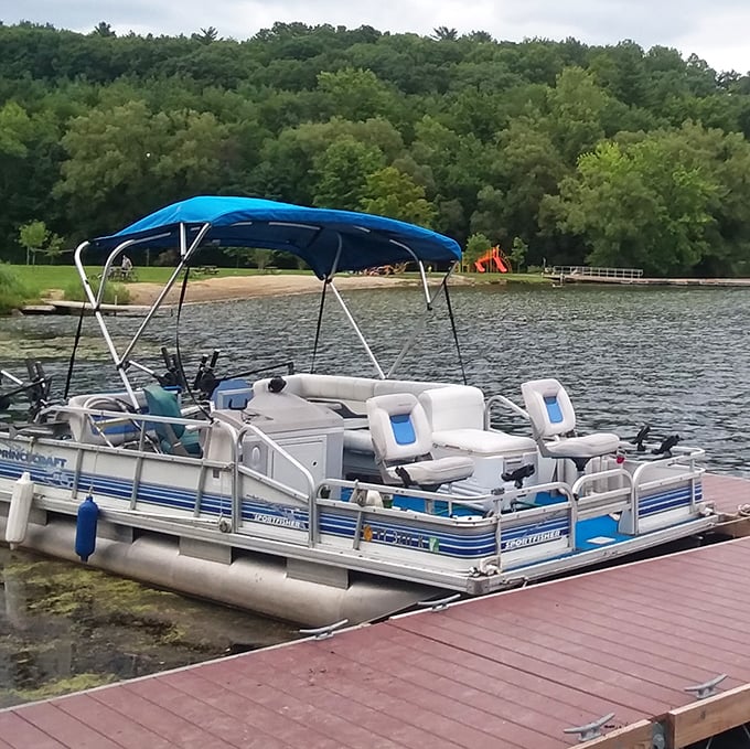 Your chariot awaits, lake explorers. This pontoon boat stands ready to ferry adventurers across Bomoseen's expansive waters for a day of floating relaxation.