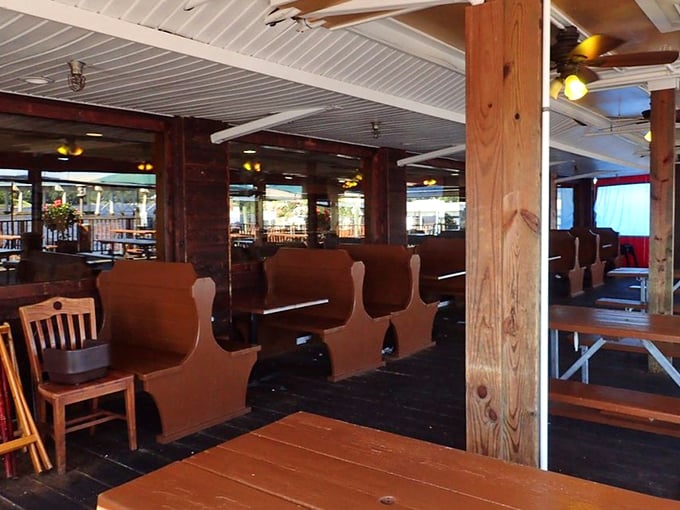 Church pew booths add a touch of quirky charm. They're saying "Stay awhile&mdash;there's plenty more seafood where that came from."