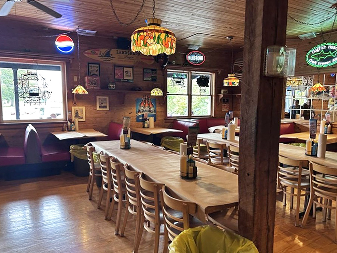 Long tables perfect for gathering friends and family. Some of life's best conversations happen over piles of crab shells and cold beer.