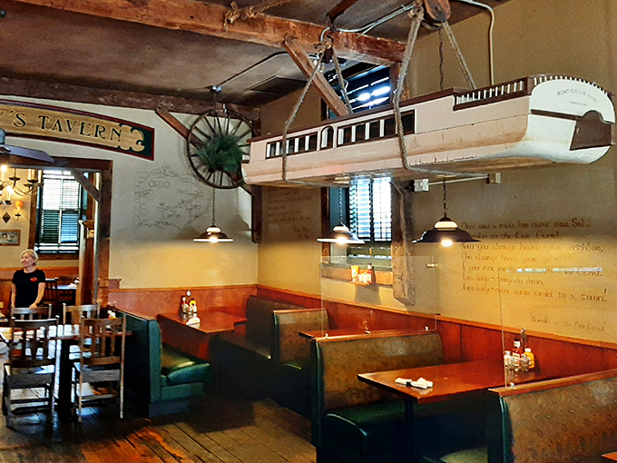 That suspended canal boat model isn't just decoration &ndash; it's a nod to Coshocton's rich history that flavors the dining experience.