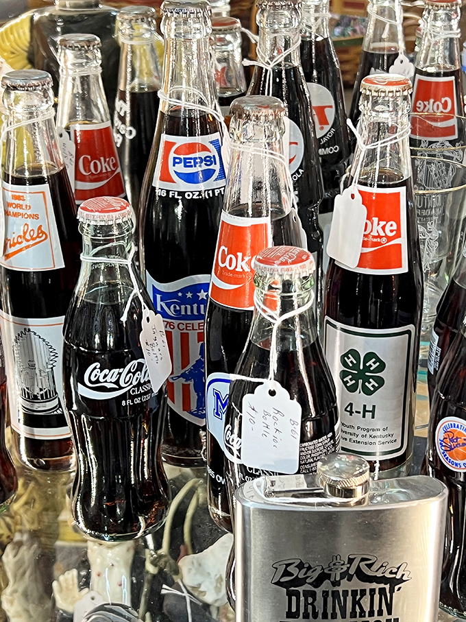 The soda bottle collection proves nostalgia is literally bottled here—each vintage label a reminder of simpler refreshments and regional pride.