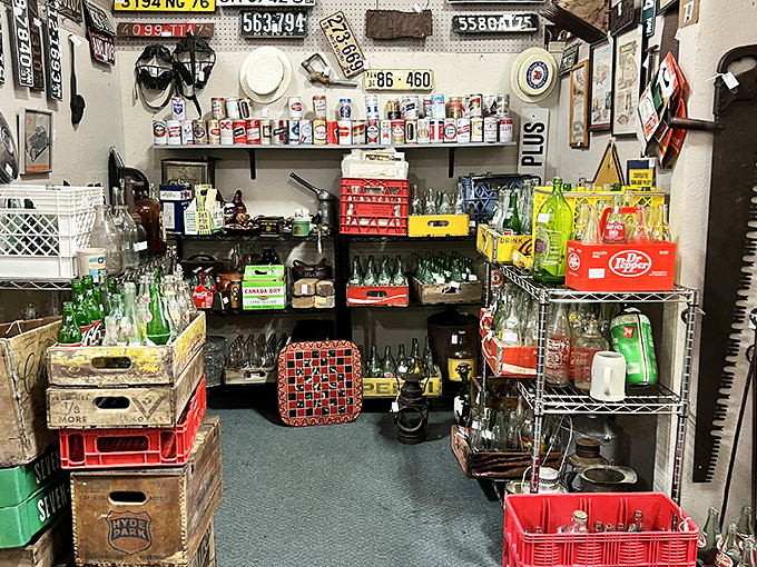 The soda fountain of youth&mdash;vintage bottles, license plates, and beverage memorabilia create a time capsule of American refreshment history.