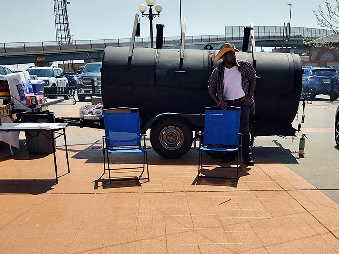 The blue chairs aren't just seating&mdash;they're front-row tickets to the smoke show. Simple accommodations for extraordinary eating.