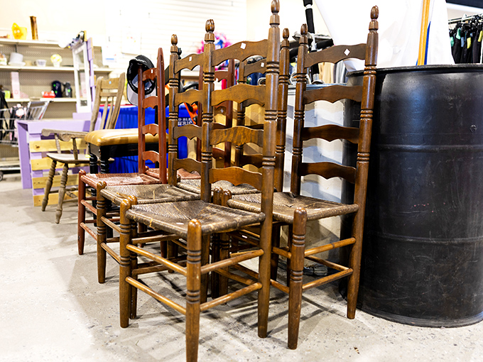 Ladder-back chairs with woven seats that have witnessed countless family dinners. Sturdy enough for modern gatherings but with stories from decades past.