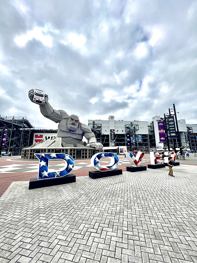 The patriotic "DOVER" letters add a stars-and-stripes flourish to Miles' domain, America's monument to motorsport might.