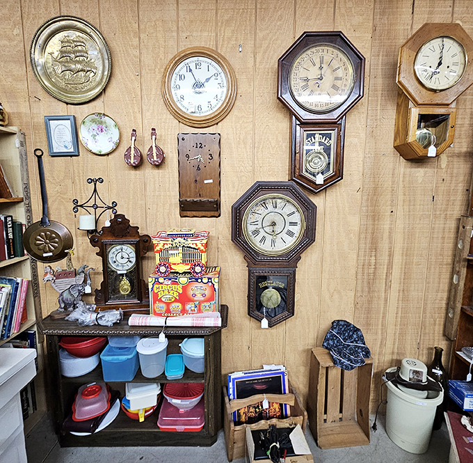 A wall where time stands still... or at least keeps multiple versions of it. These vintage timepieces mark hours from different eras simultaneously.