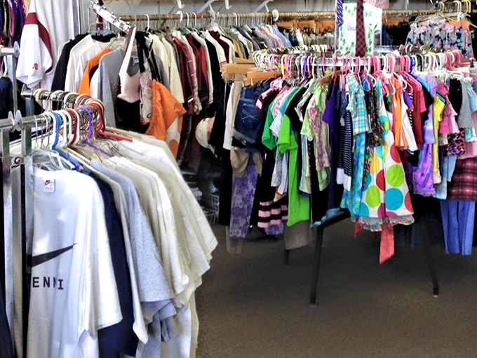 The clothing rainbow—where fashion gets its second chance. Yesterday's trends waiting to become tomorrow's vintage statement pieces.