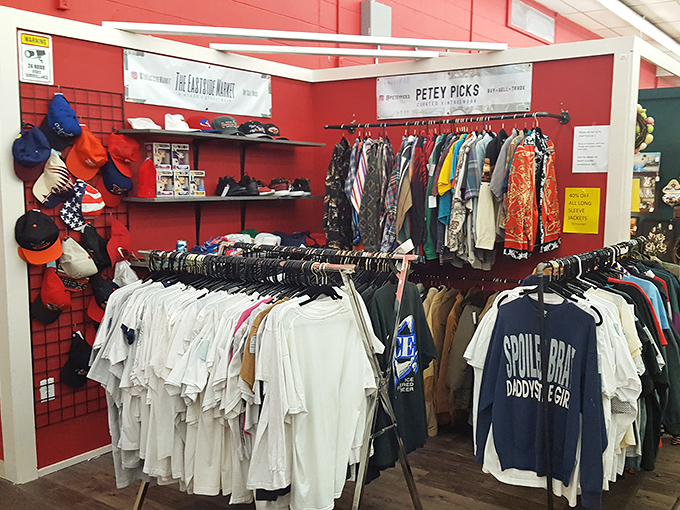 Vintage clothing racks offer everything from sequined jackets to classic sportswear for the fashion-forward treasure hunter's wardrobe.