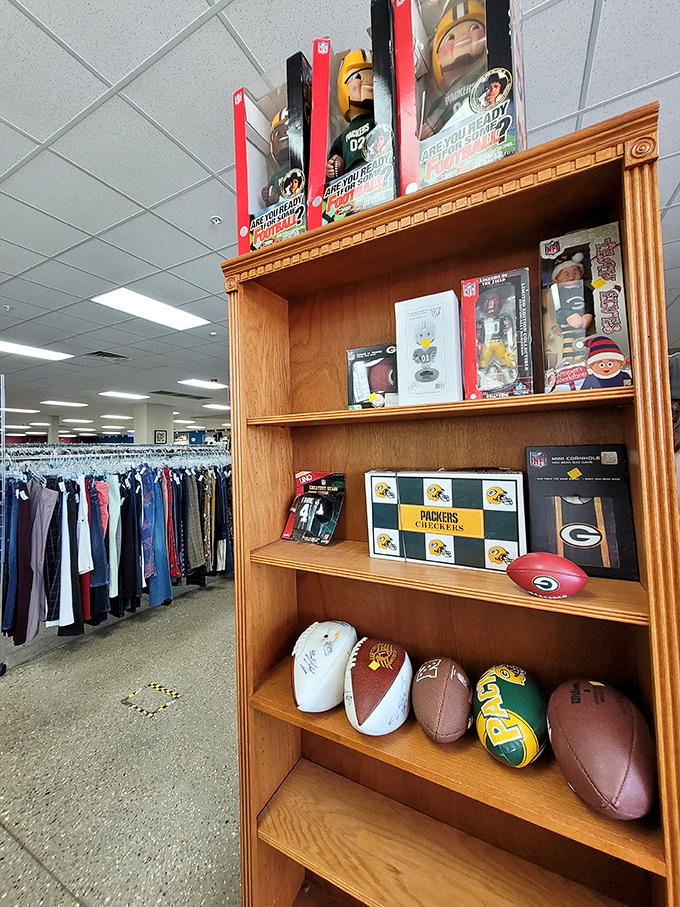 Packers memorabilia shares shelf space with vintage collectibles, a uniquely Wisconsin blend of sports devotion and nostalgic treasures waiting for the right fan.