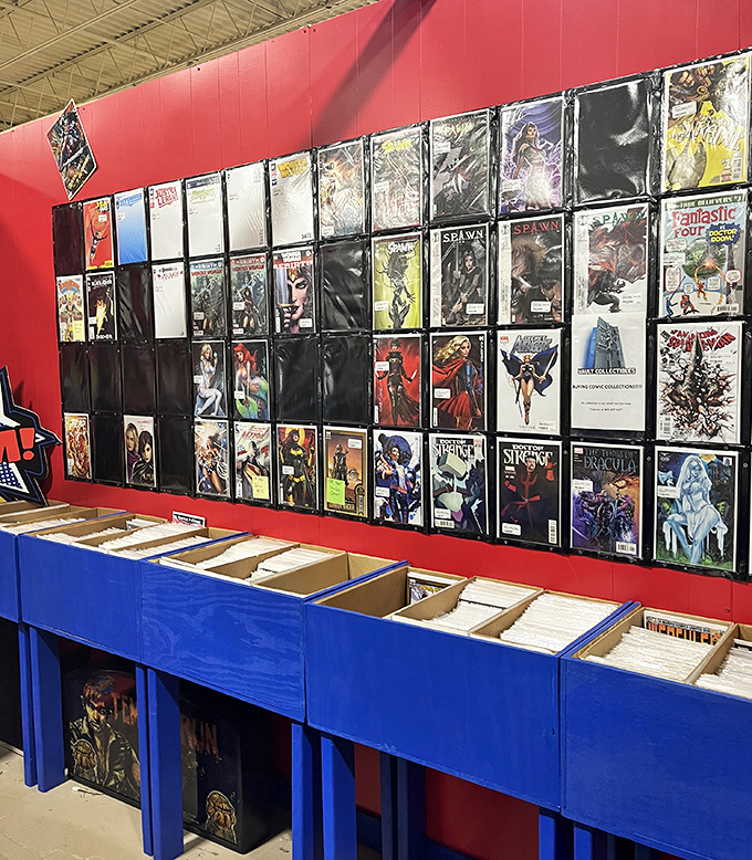 Comic book heaven where superheroes patiently wait behind plastic, ready to rescue you from boring home decor.