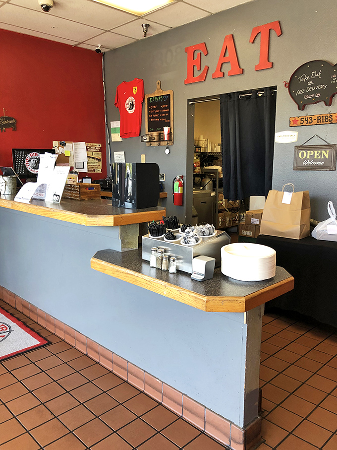 Simple, straightforward, and ready for business. The counter says, "We're not here for fancy&mdash;we're here for flavor." The "EAT" sign is the only instruction you need.
