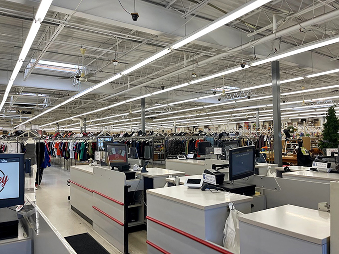 The checkout area where treasures become possessions. The moment of truth for bargain hunters tallying up their thrifty victories.