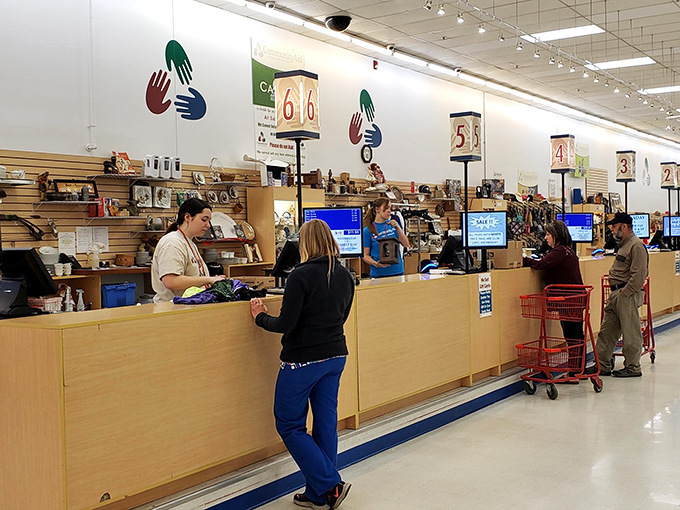 Checkout counters where treasures receive their freedom papers. The staff has seen it all—from wedding dresses to waffle irons.