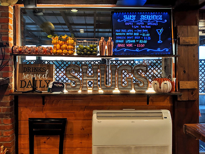 The "SHUG'S" sign glows with the warm promise of hospitality, surrounded by seasonal decorations that say "we care about the details."