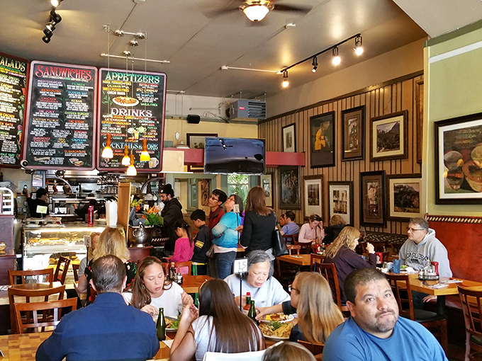 Empty tables waiting for the morning rush &ndash; a rare sight at this popular spot where seats fill faster than you can say "Santa Fe crepe."
