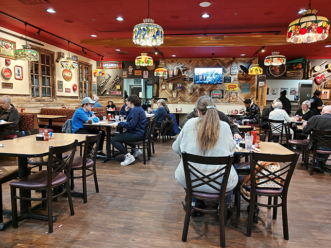 Breakfast in progress&mdash;where strangers become united in the universal language of "pass the syrup, please."