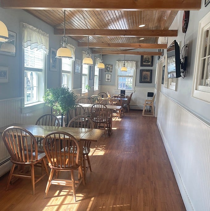 Sunshine streams through windows onto Windsor chairs and wooden tables. Dot's dining room feels like the Vermont farmhouse you wish you'd grown up in.