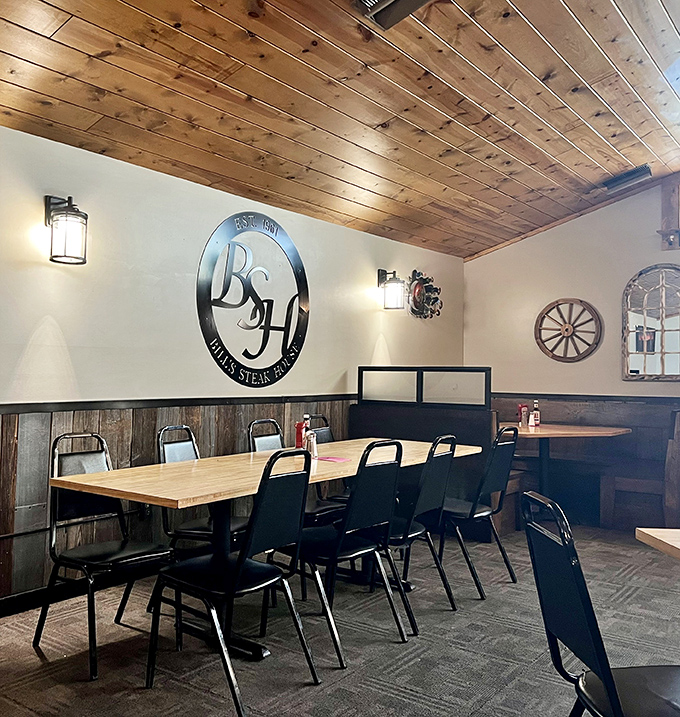 The dining room's wooden accents and simple elegance say, "We're focusing our energy on your food, not on interior design magazines."