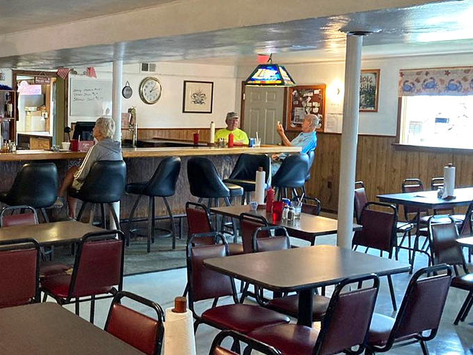 The dining room's simple setup lets you focus on what matters: the food and the company, not designer chairs or artisanal light fixtures.