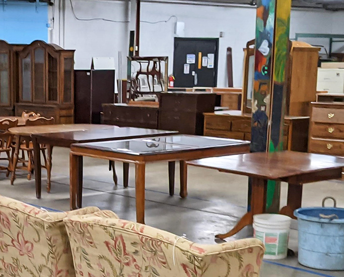 Solid wood dining tables that have hosted countless family meals stand ready for their next chapter of dinner conversations and holiday gatherings.